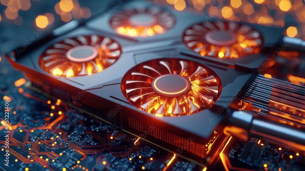 Close-up of a modern graphics card showcasing its intricate cooling ...