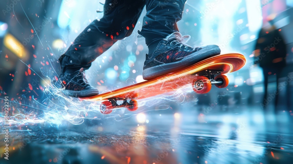 Action shot of a person riding a hoverboard with a streamlined ...