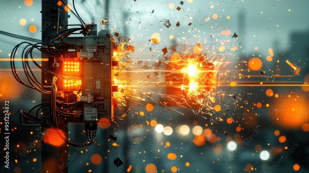 An ultra-detailed scene of a city is electrical grid malfunctioning ...