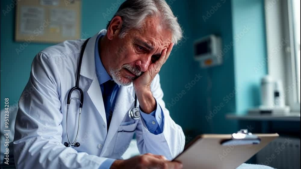 A middle-aged male doctor is captured in a moment of contemplation, his ...