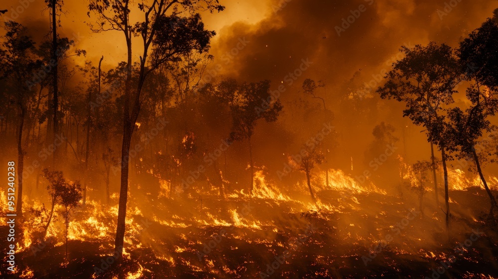 The forest is ablaze in an Indian jungle, with smoke and flames ...