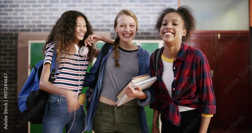 Group of students, high school and locker in youth portrait for ...
