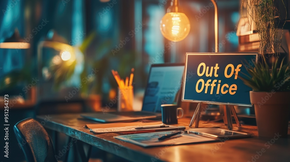 A professional office desk with a "Out Of Office" sign and travel ...