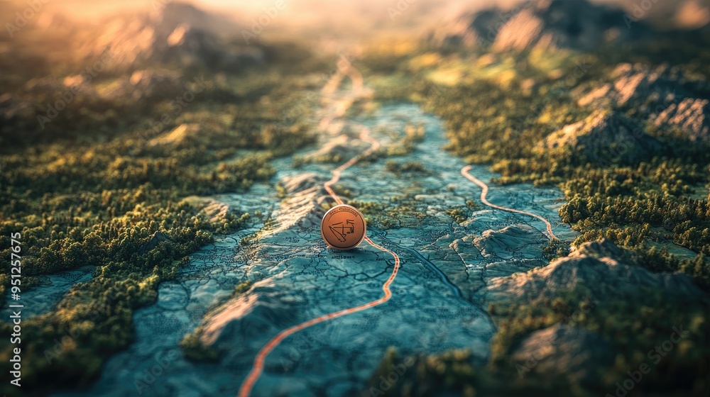 A road map with a highlighted route and scenic stops, emphasizing the ...