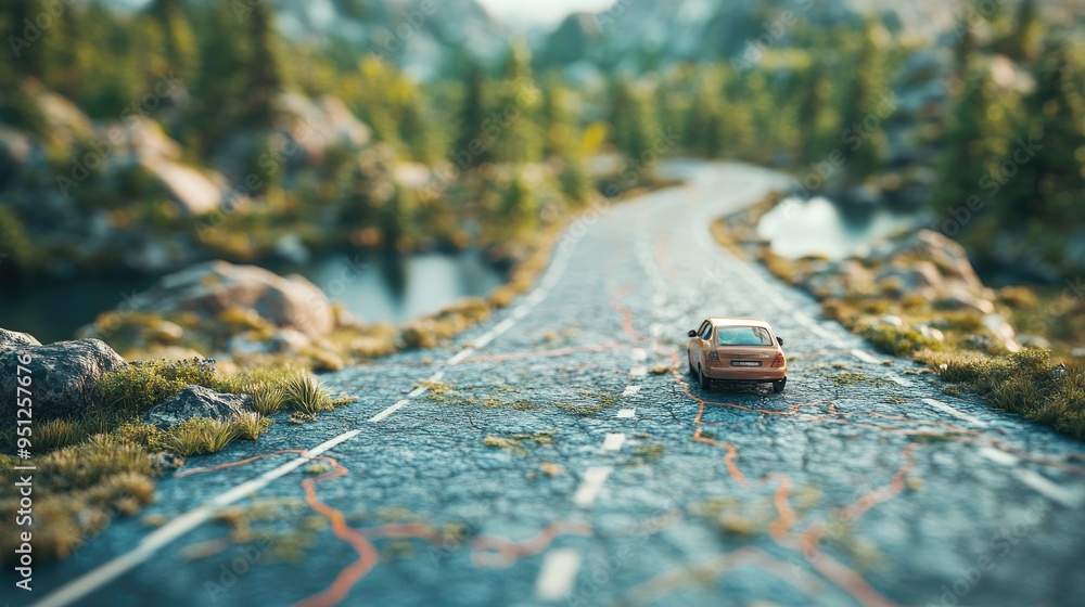 A road map with a highlighted route and scenic stops, emphasizing the ...