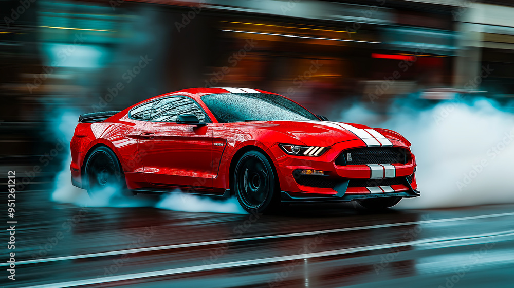 A premium sports car performing high-speed donuts with thick smoke from ...