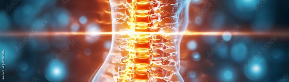 Stylized depiction of a human spine with glowing elements, representing ...