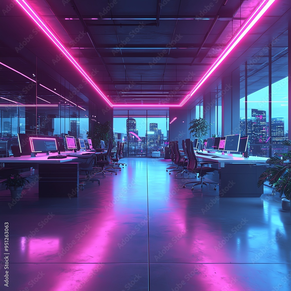 Futuristic firm headquarters, where administration manages digital ...