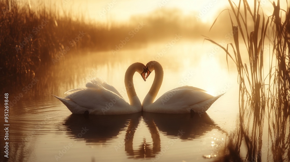 Dua ekor angsa dengan anggun melilitkan lehernya dalam pose romantis ...
