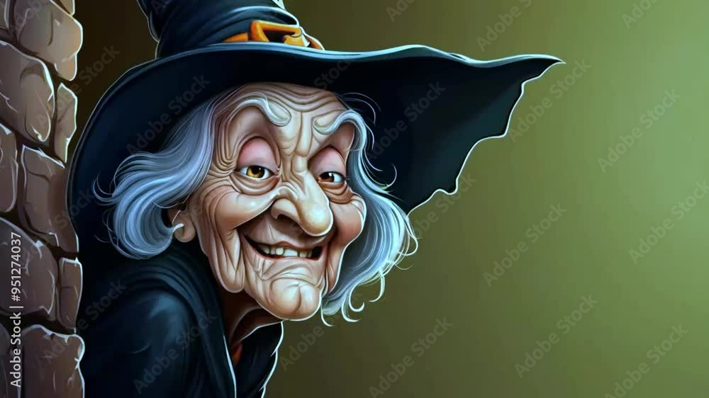 The cartoon of a funny Halloween old witch with a hat, peeking around ...