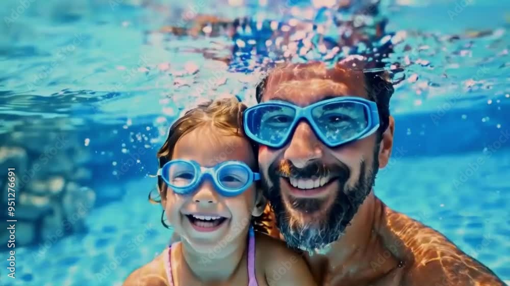 Father & daughter swimming underwater in a pool on summer vacation ...