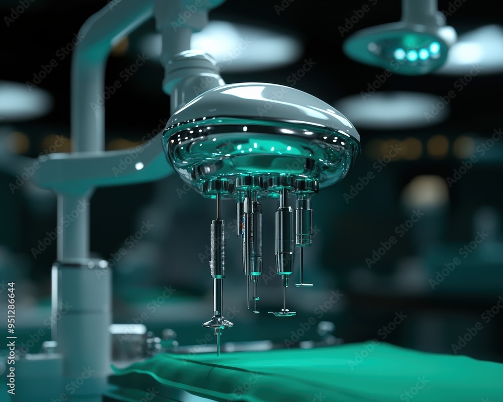 A futuristic robotic surgery machine with multiple precision tools in a ...