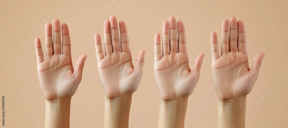 Four people hands raised on cream background. World peace concept ...