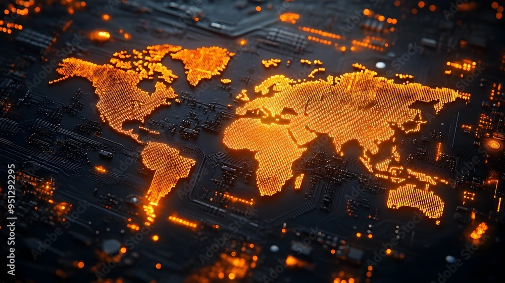 Futuristic World Map Morphing from Circuit Board with IoT Nodes and ...