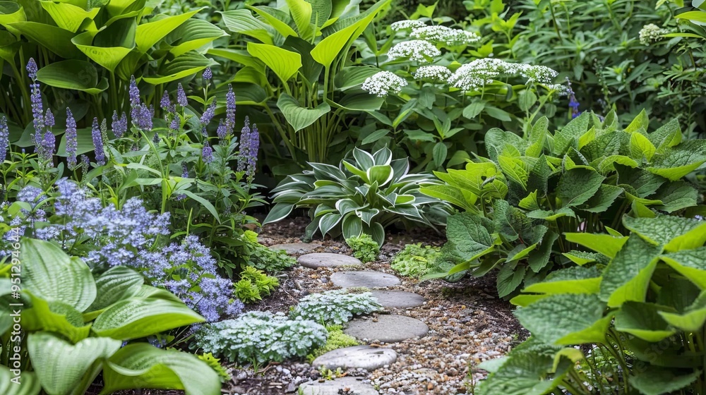 Shade garden with perennial ground cover and tall plants, layered ...