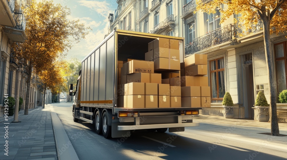 A large modern delivery truck fully loaded with packages and boxes ...