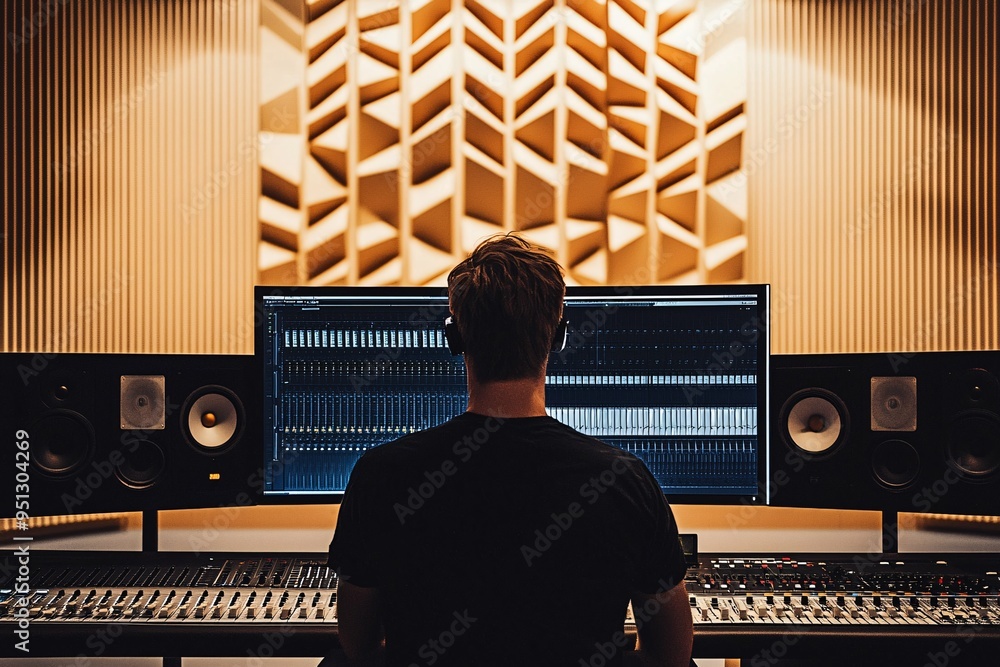 A sound expert studies wave patterns in a contemporary studio equipped ...