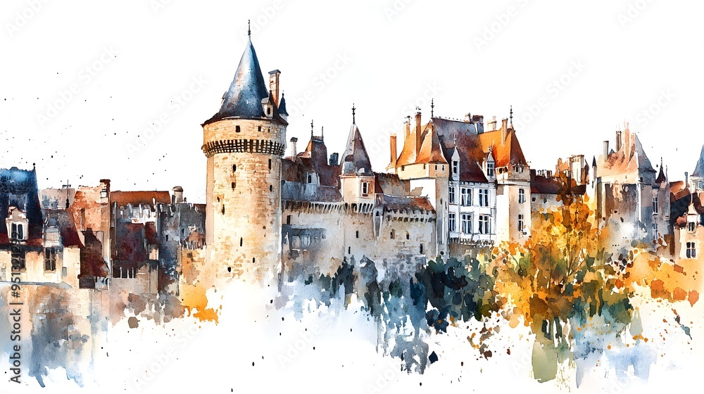 A vibrant watercolor painting of a French medieval castle, capturing ...