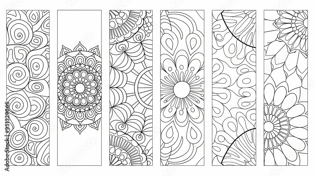 set of bookmarks, mandala pattern line drawing coloring page , isolated ...