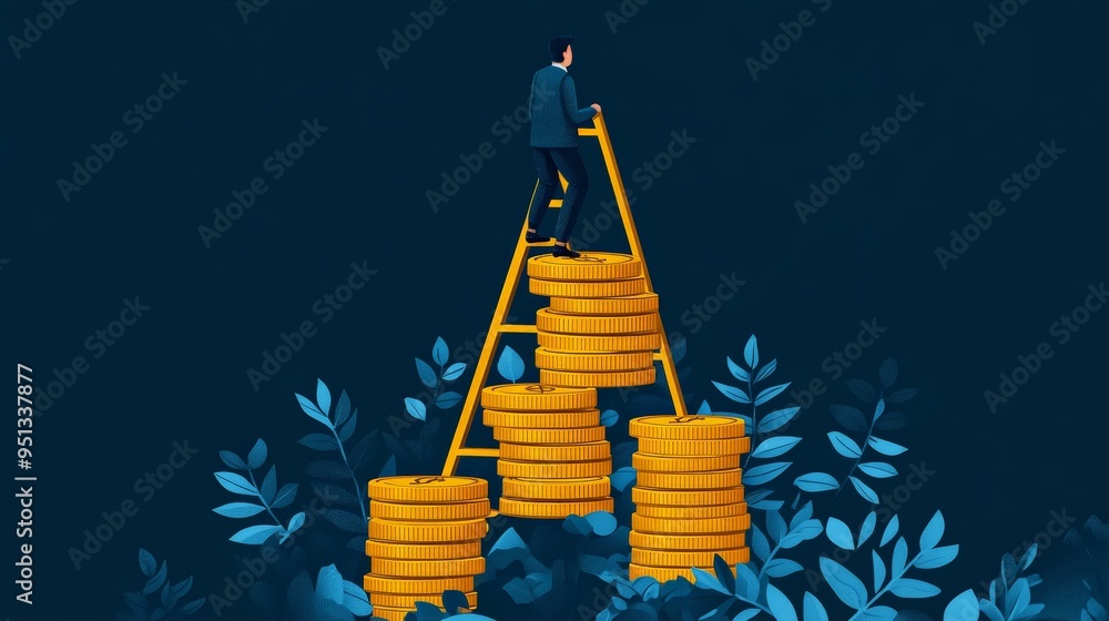 Climbing the Ladder of Success: A businessman ascends a ladder built ...