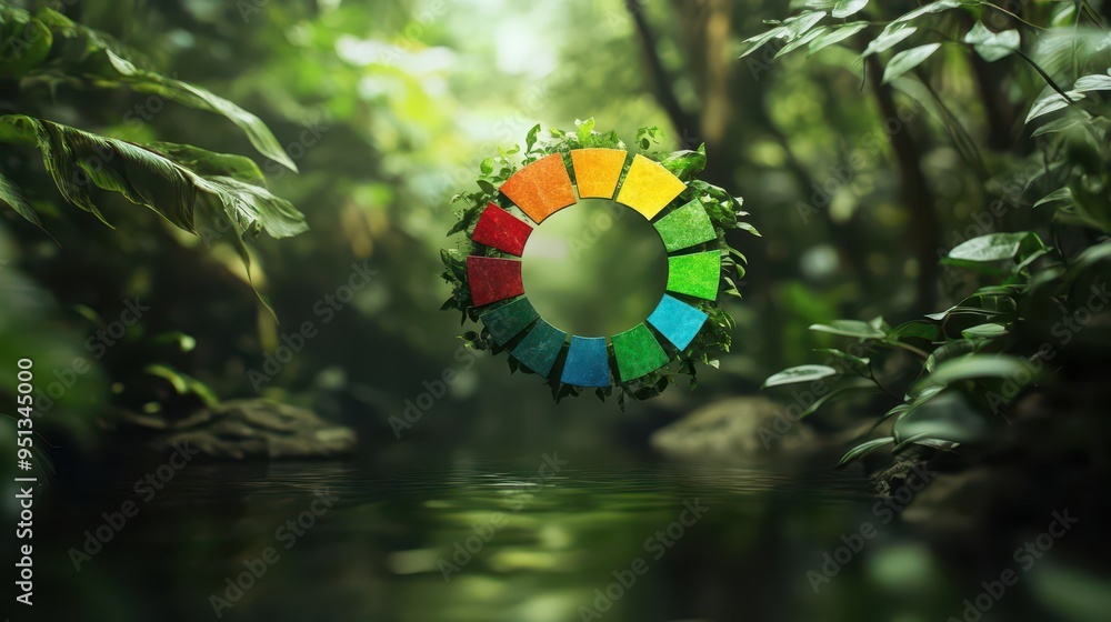 colorful sustainable development goals wheel floating in natural ...