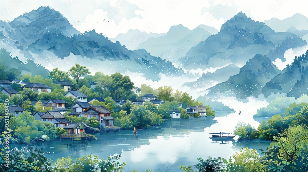 Rural landscape with a tea plantation, a Chinese village, and boat on ...