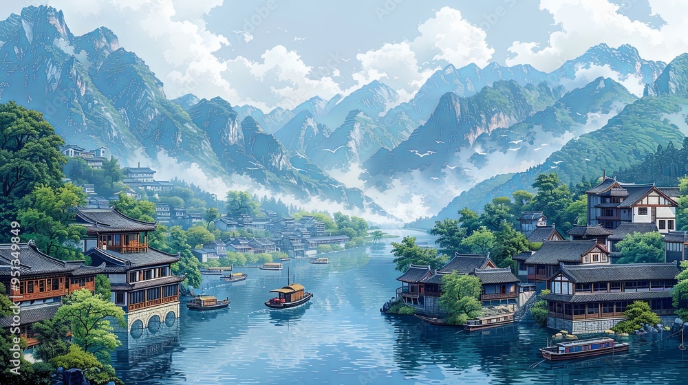 Rural landscape with a tea plantation, a Chinese village, and boat on ...