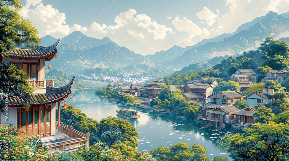 Rural landscape with a tea plantation, a Chinese village, and boat on ...