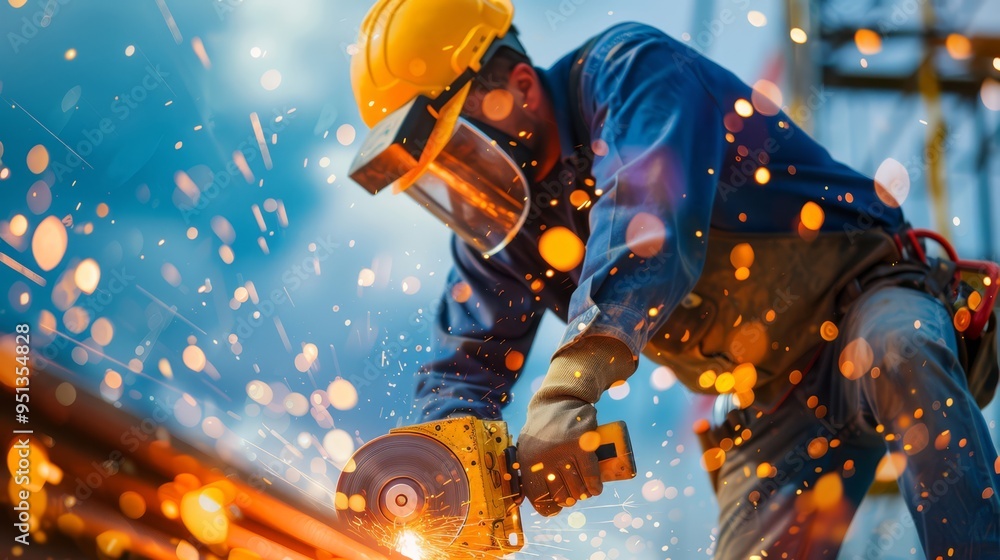 Construction worker using a circular saw to cut metal materials, with a ...