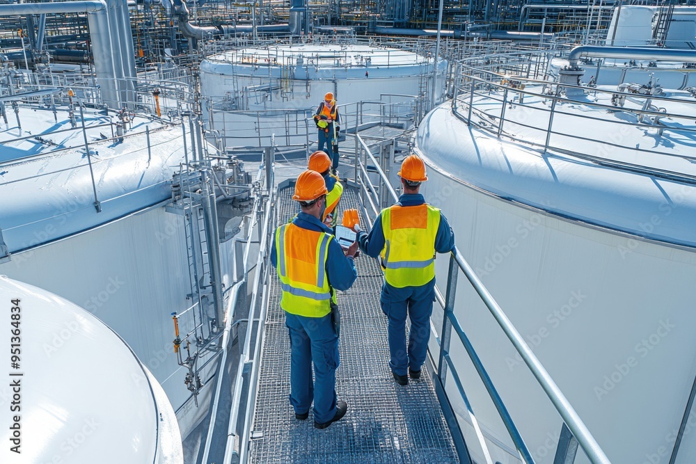 Workers inspect methane gas storage tanks at a biogas plant, using ...