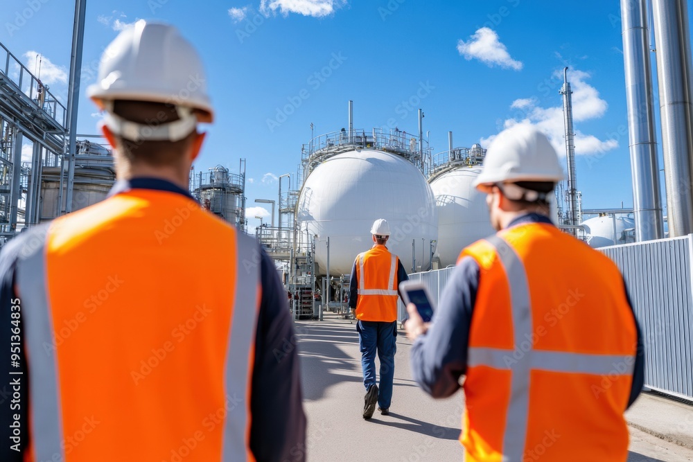 Workers inspect methane gas storage tanks at a biogas plant, using ...