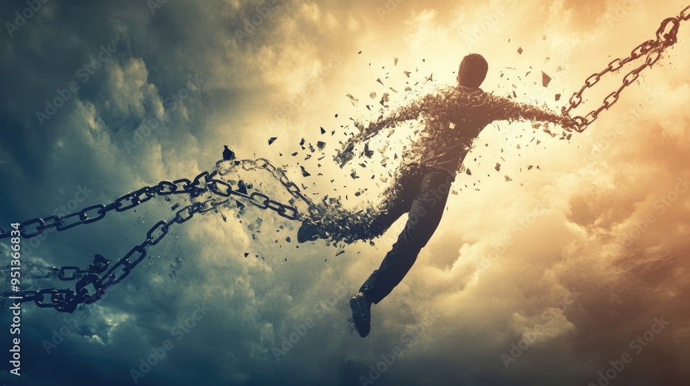 Dynamic visual of chains shattering as a man breaks through ...