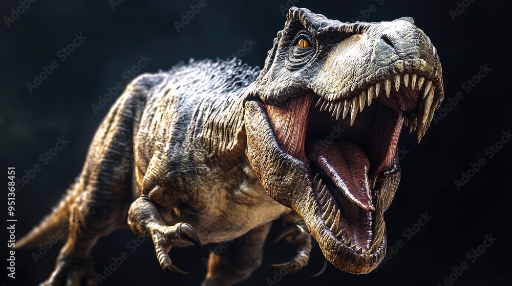 Ferocious Tyrannosaurus rex with powerful jaws open, capturing the raw might and fearsome nature ...