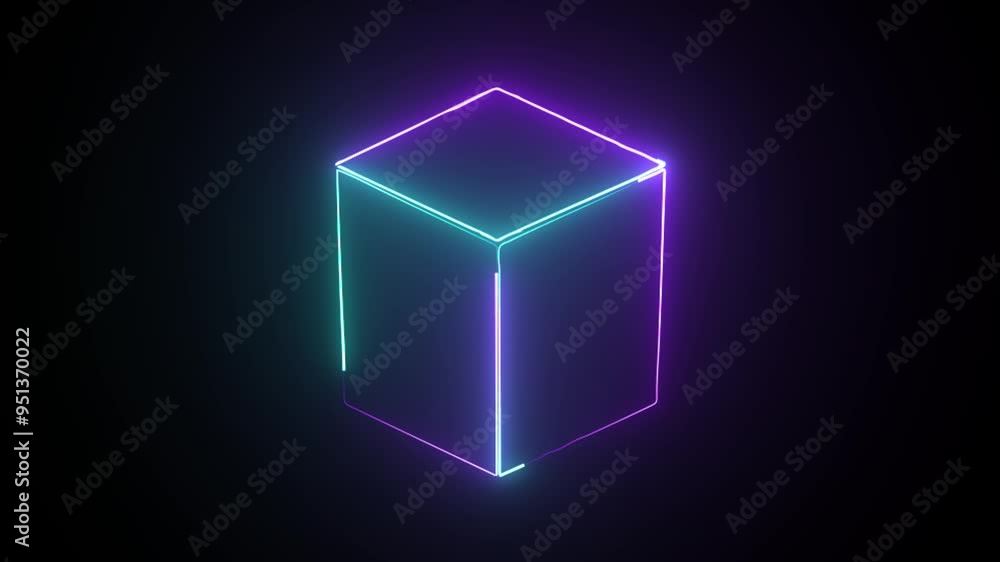 Neon purple and cyan glowing square frame. Geometric portal with simple ...