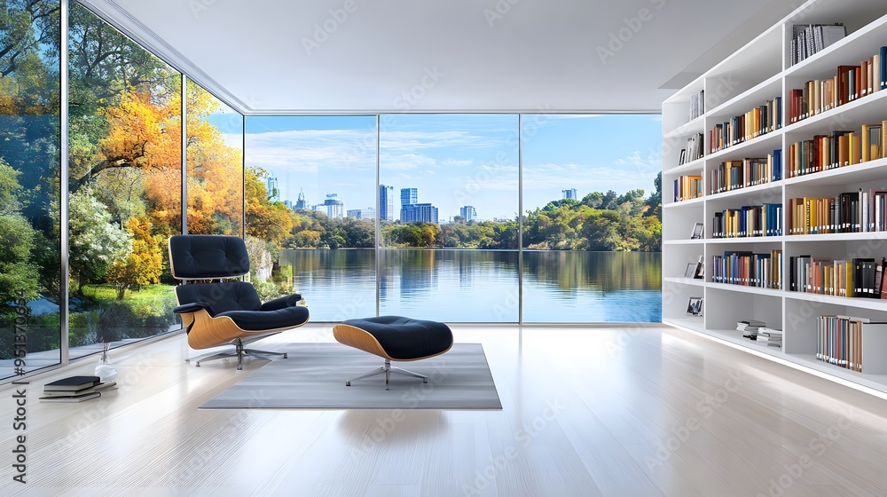 Stylish home library with minimalist shelving and a clean, uncluttered ...