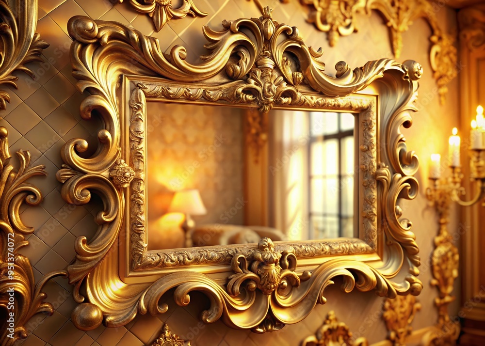 luxurious golden ornate frame with intricate baroque patterns and ...