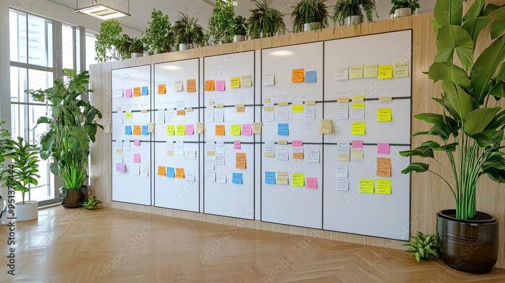 Team brainstorming session in a modern office with whiteboards and post ...