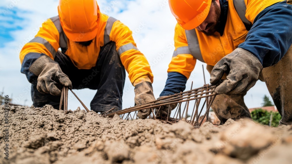 Construction workers setting up rebar for a concrete pour, simple ...