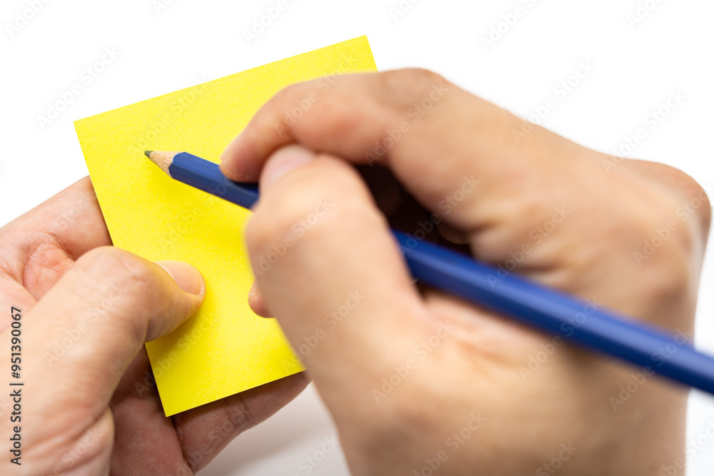 Writing on Blank sticky note isolated on white background. Hand written ...