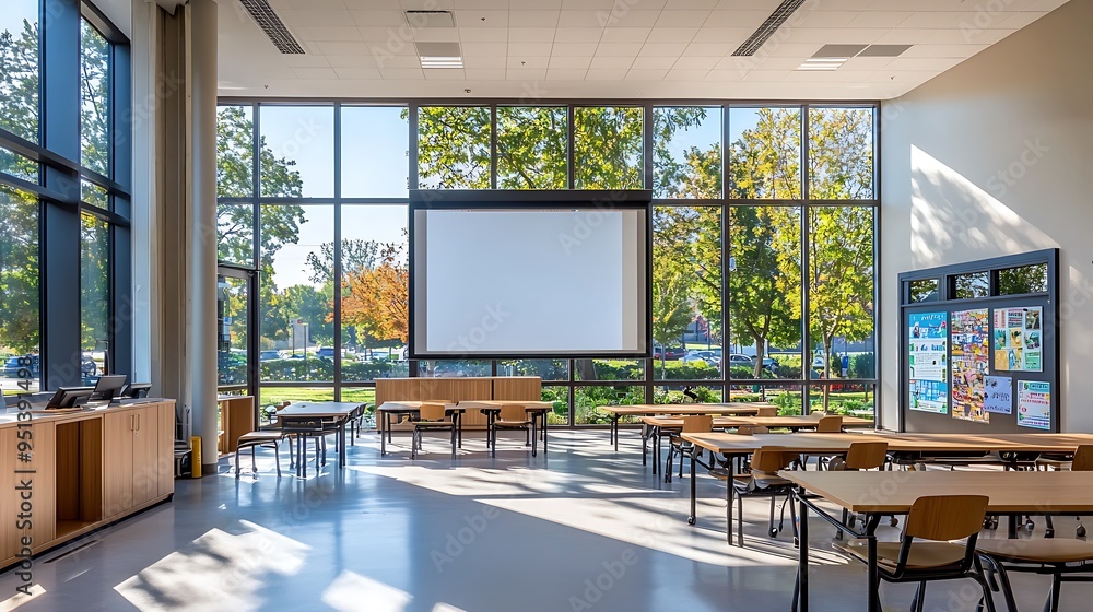 A modern classroom with large windows and a projection screen is set ...