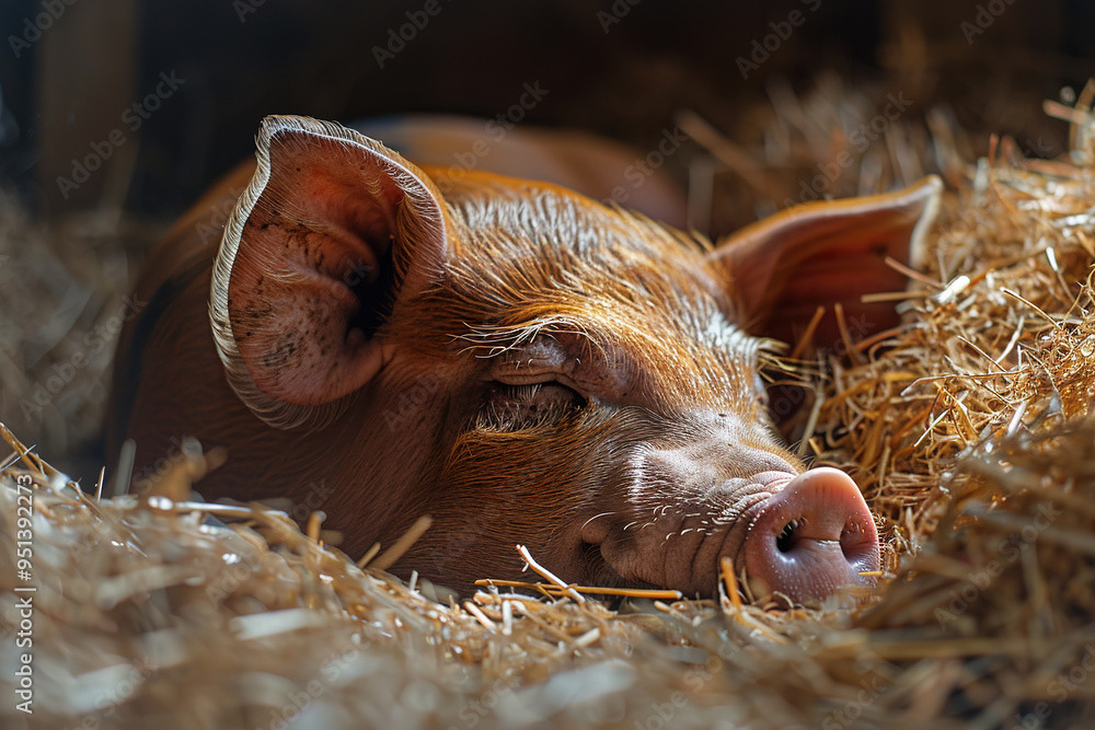 Peaceful pig sleeping on a bed of straw in a barn. Captures a serene ...