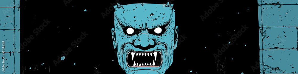 Sinister blue gargoyle with glowing eyes and sharp fangs emerging from darkness, creating a ...