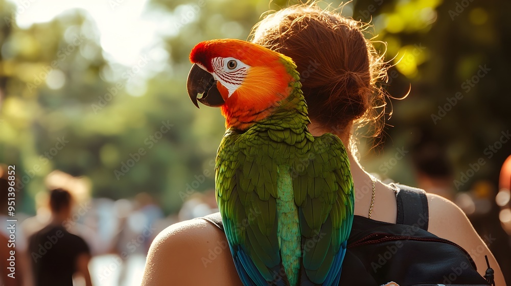 Intimate portrait of a colorful parrot sitting on its owner s shoulder ...
