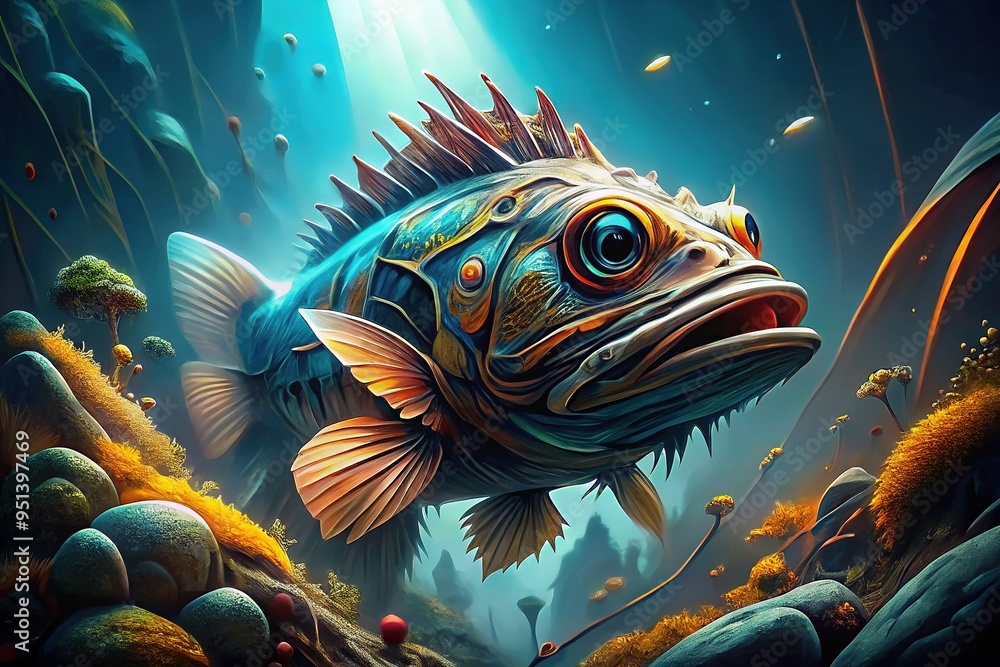 In the depths of cyber-ocean, a sleek Rockfish radiates a shimmering ...