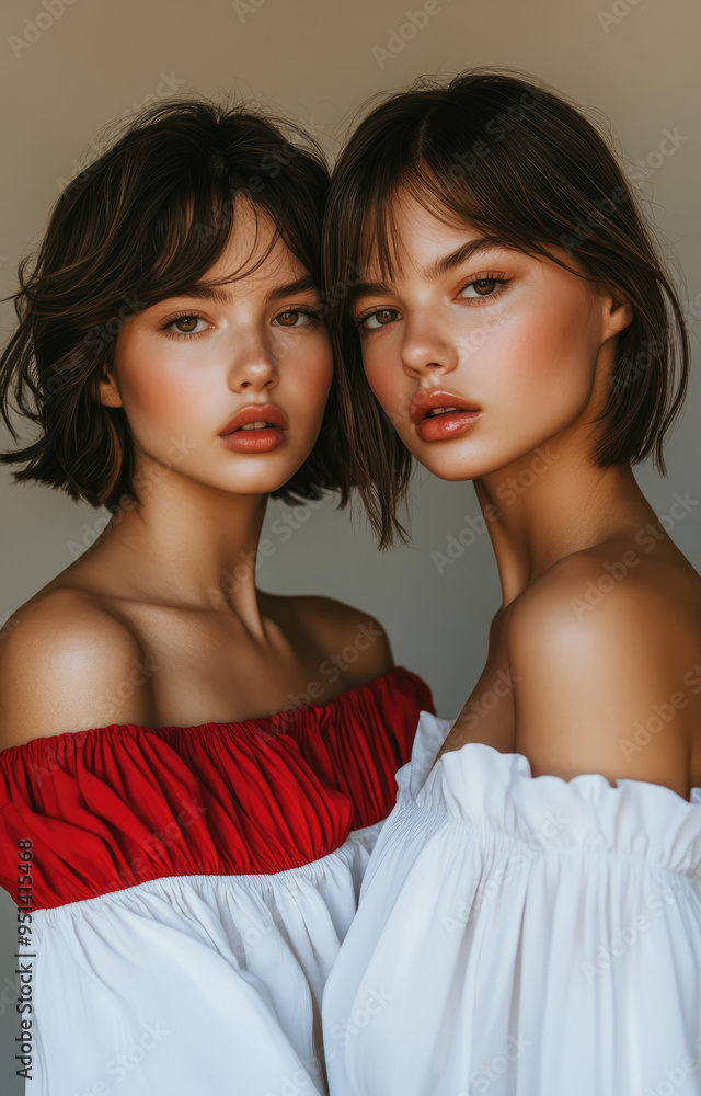 Two beautiful models in white blouses, one with dark hair and the other ...
