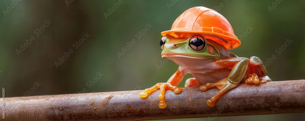 Frog with a construction helmet, leaping from one beam to another ...