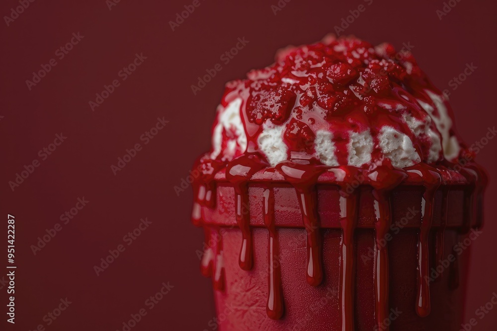 dripping red treat, focusing on the vivid colors and dripping textures ...