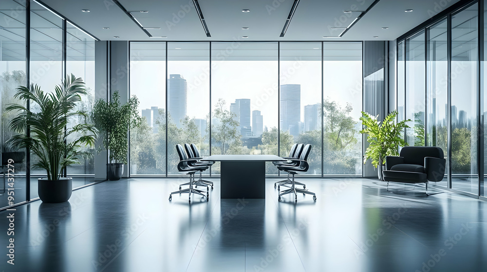 Modern Office Meeting Room with City View and Plants - Business ...