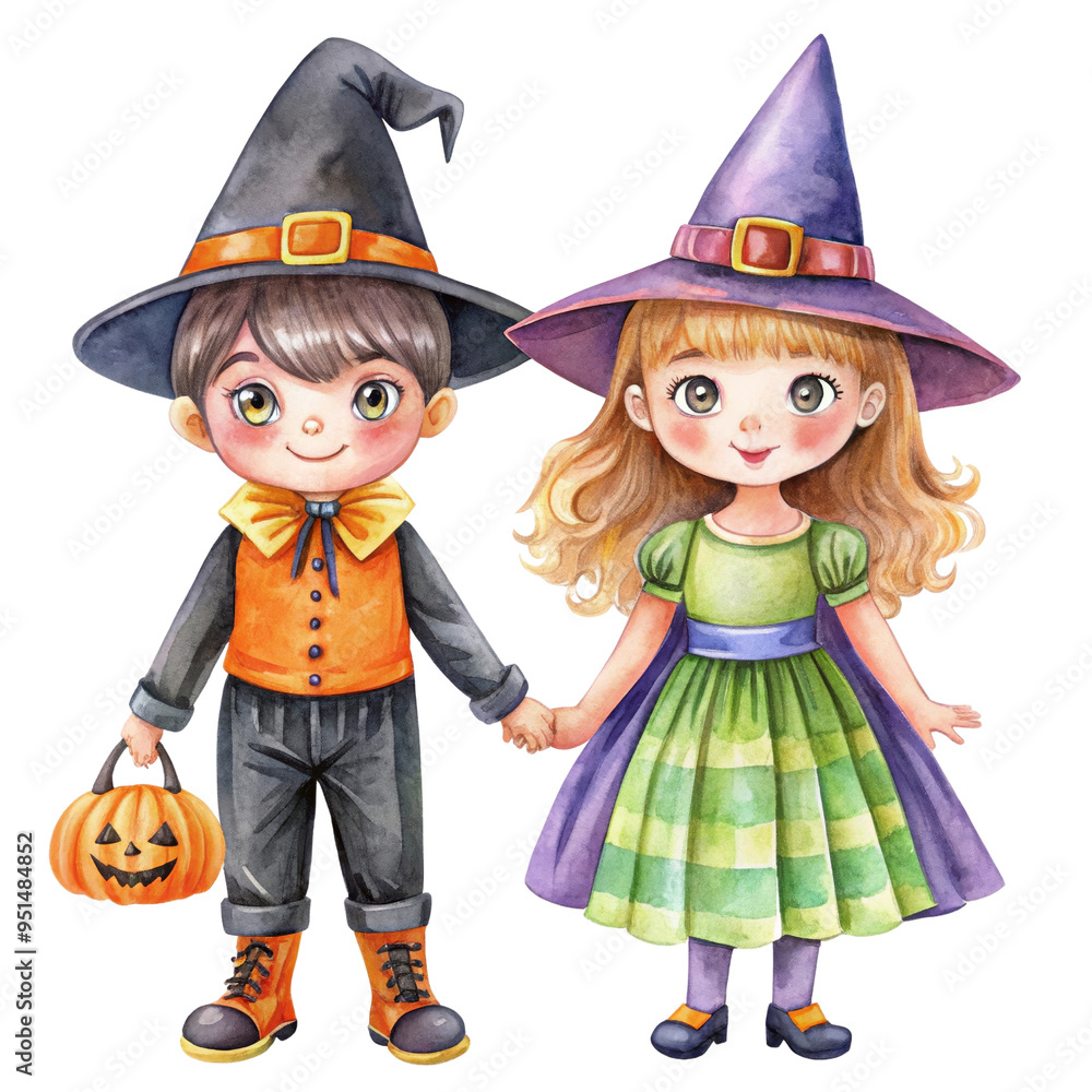 A charming watercolor illustration depicting two young children dressed ...