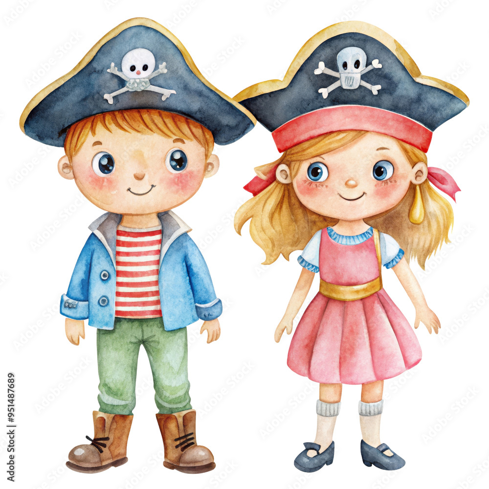 Two cute kids dressed as pirates, a boy with a blue jacket and a girl ...